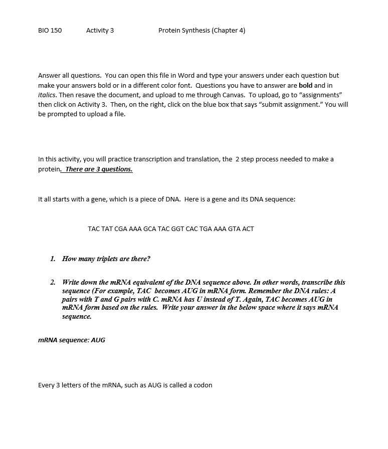 Solved BIO 150 Activity 3 Protein Synthesis (Chapter 4) | Chegg.com
