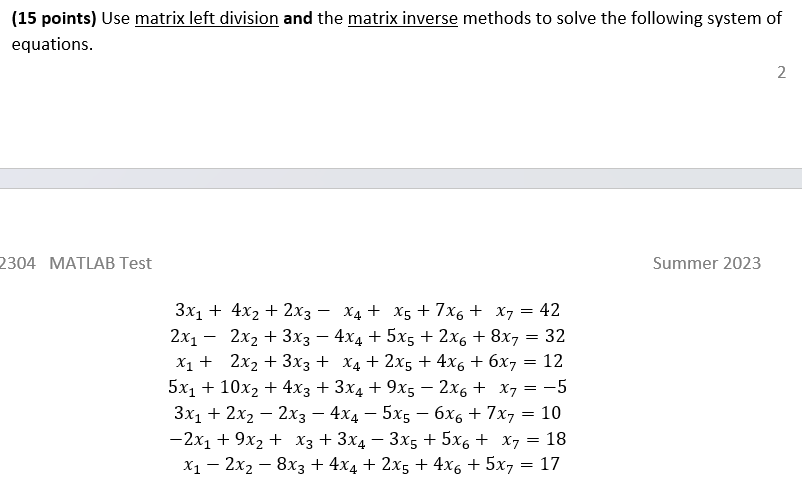 Solved (15 ﻿points) ﻿Use matrix left division and the matrix | Chegg.com