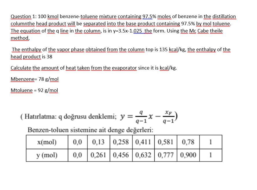 Solved Question 1: 100kmol benzene-toluene mixture | Chegg.com