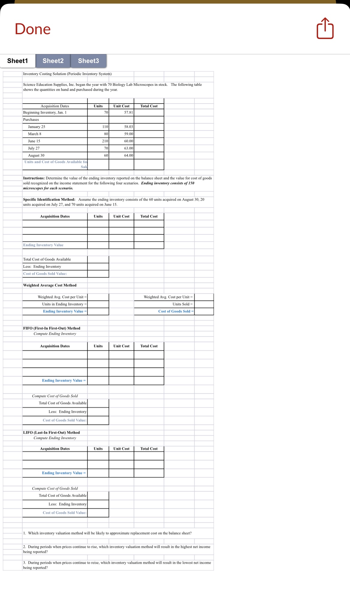 Solved Done Sheet1 Sheet2 Sheet3 Inventory Costing Solution | Chegg.com