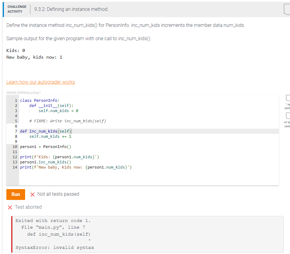 Solved Define the instance method inc_num_kids() for | Chegg.com
