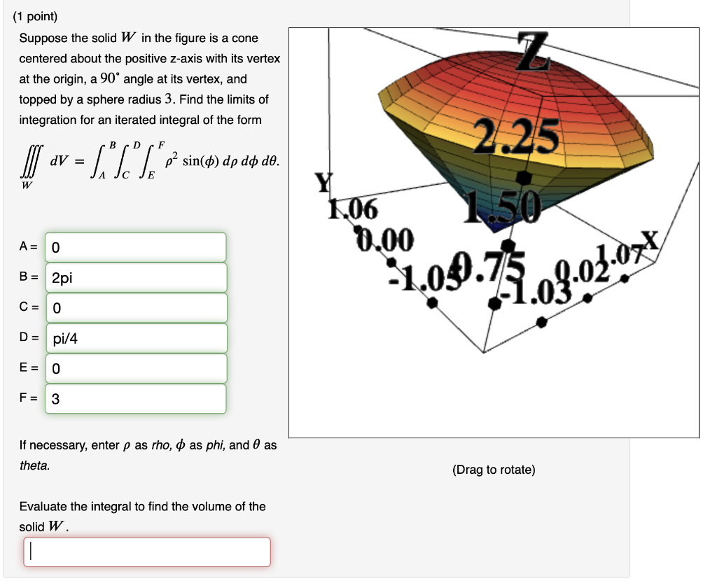 Solved (1 point) Suppose the solid W in the figure is a cone | Chegg.com