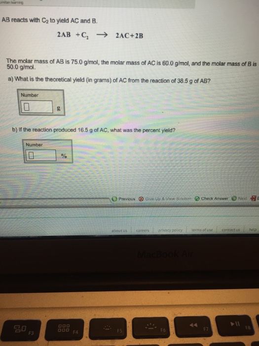 Solved AB reacts with C2 to yield AC and B. The molar mass | Chegg.com