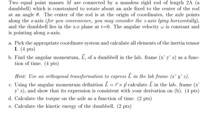 Solved Two equal point masses M are connected by a massless | Chegg.com