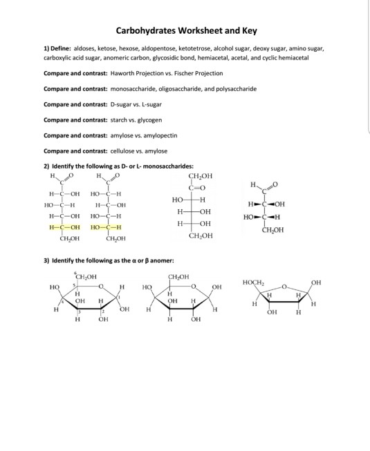 Solved Carbohydrates Worksheet And Key 1 Define Aldoses Chegg