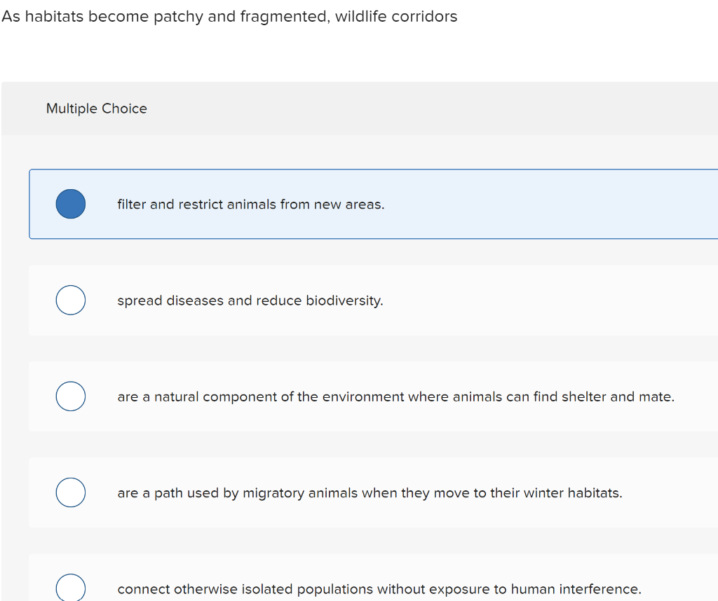 Solved As habitats become patchy and fragmented, wildlife | Chegg.com