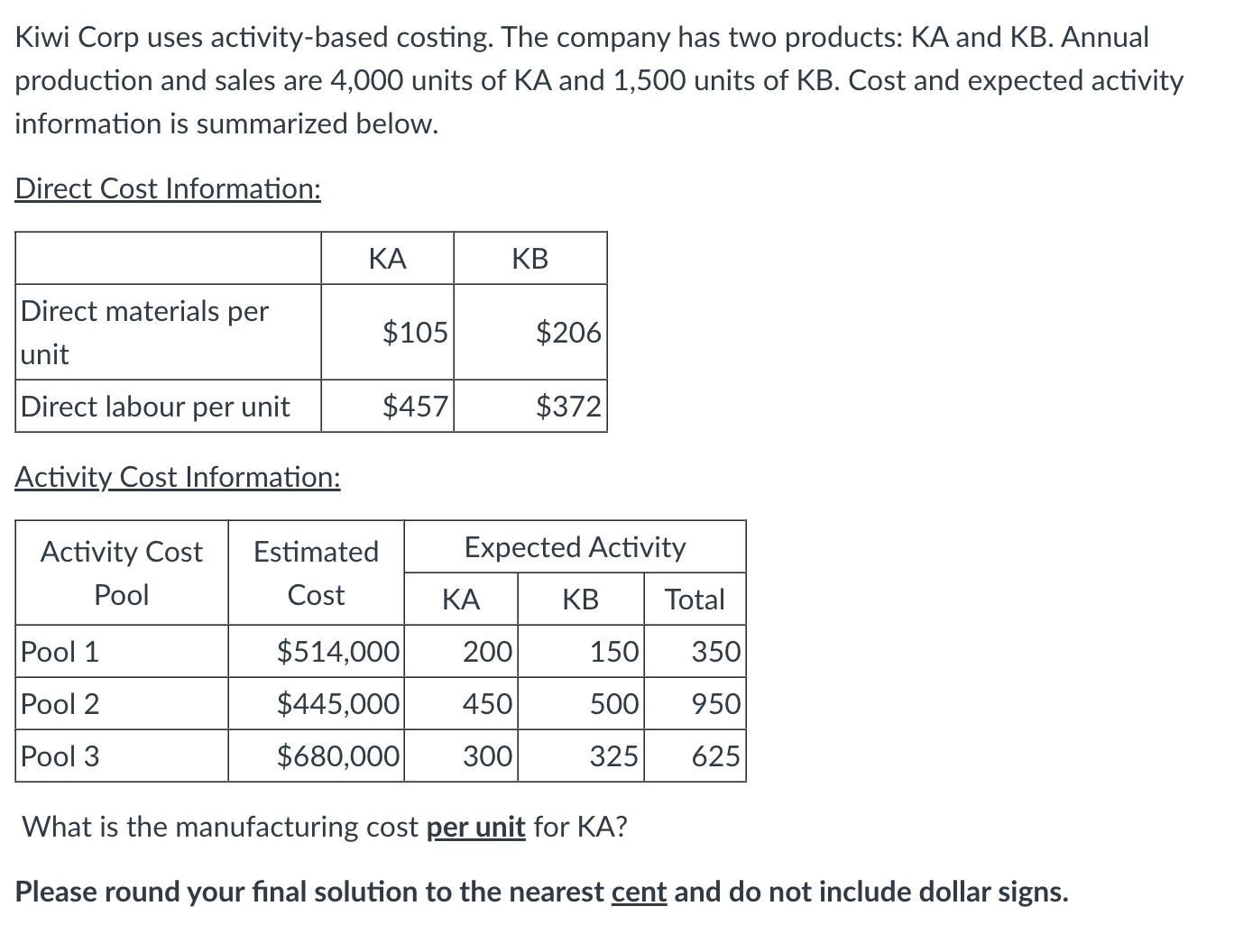 Solved Kiwi Corp uses activity-based costing. The company | Chegg.com