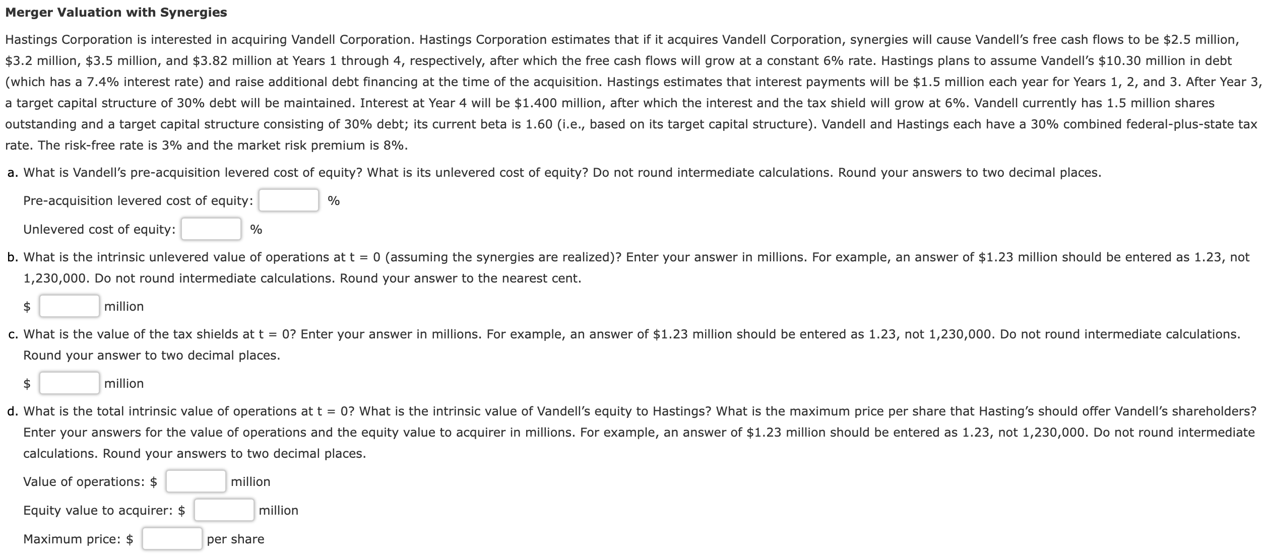 Solved Merger Valuation with Synergies Hastings Corporation | Chegg.com