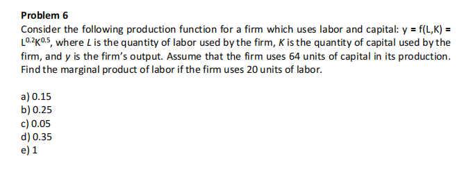 Solved Problem 6 Consider the following production function | Chegg.com