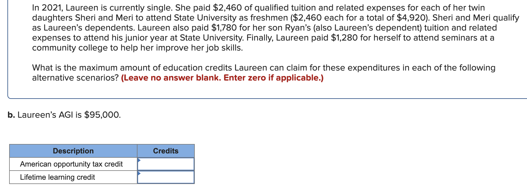 Solved In 2021, Laureen is currently single. She paid $2,460 | Chegg.com