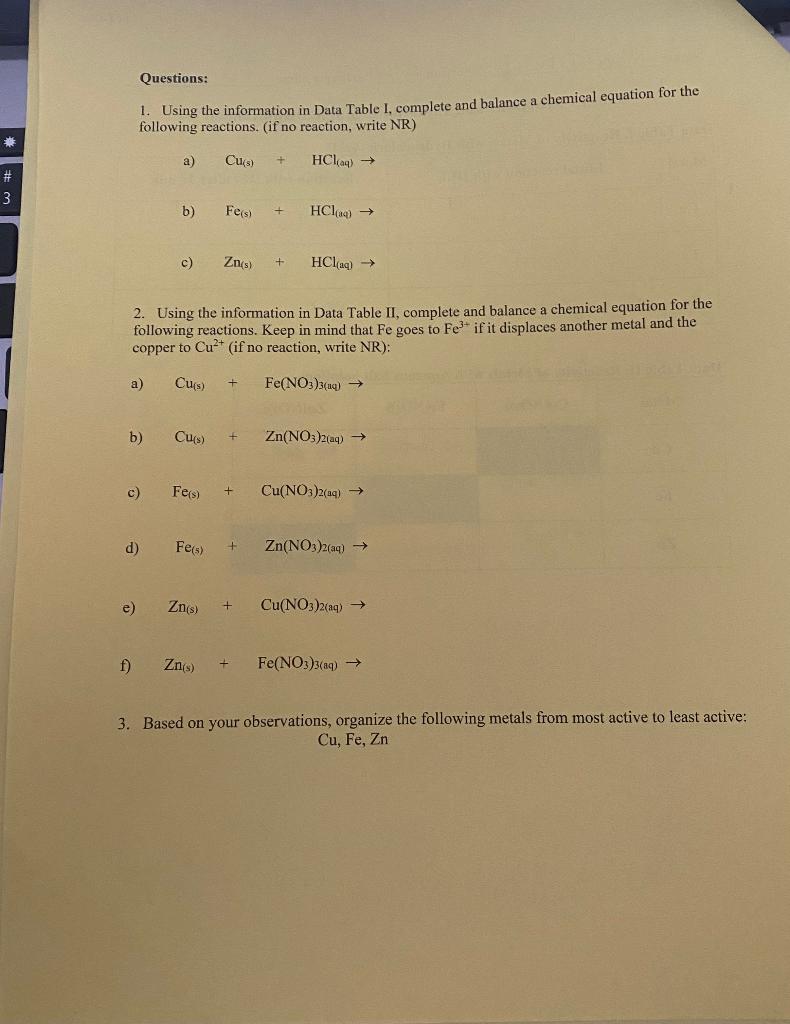 Solved Lab 13 Reactions and Equations: Single Displacement | Chegg.com