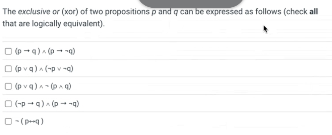Solved The exclusive or (xor) ﻿of two propositions p ﻿and q | Chegg.com