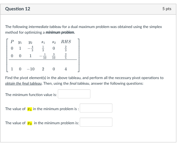 Solved Question 10 5 pts The following intermediate tableau | Chegg.com