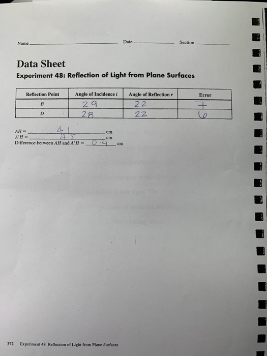 Date Section Name Data Sheet Experiment 48: | Chegg.com