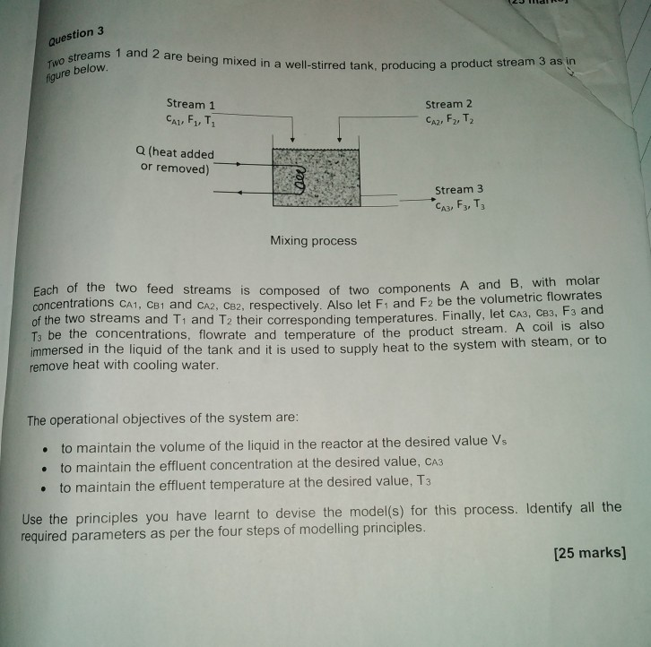Solved Question 3 Two stream streams 1 and 2 are being mixed | Chegg.com