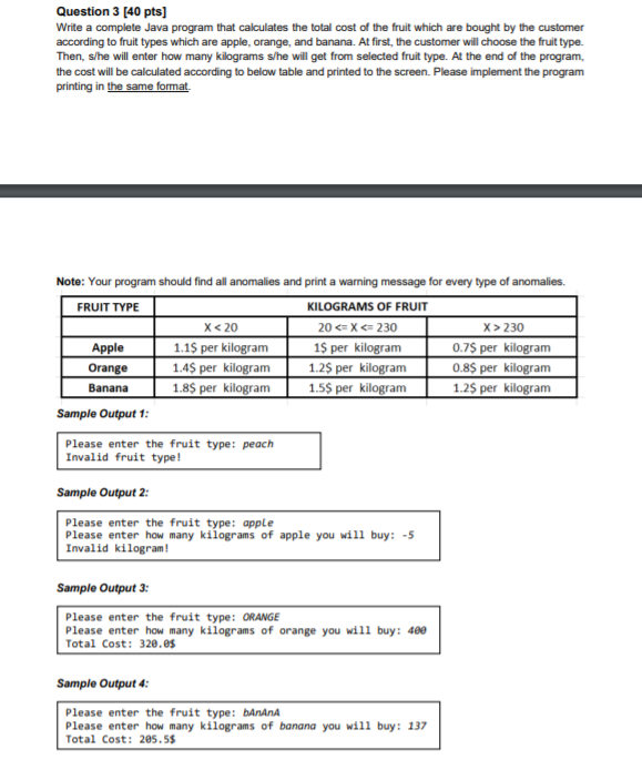 Solved Question 3 [40 pts) Write a complete Java program | Chegg.com