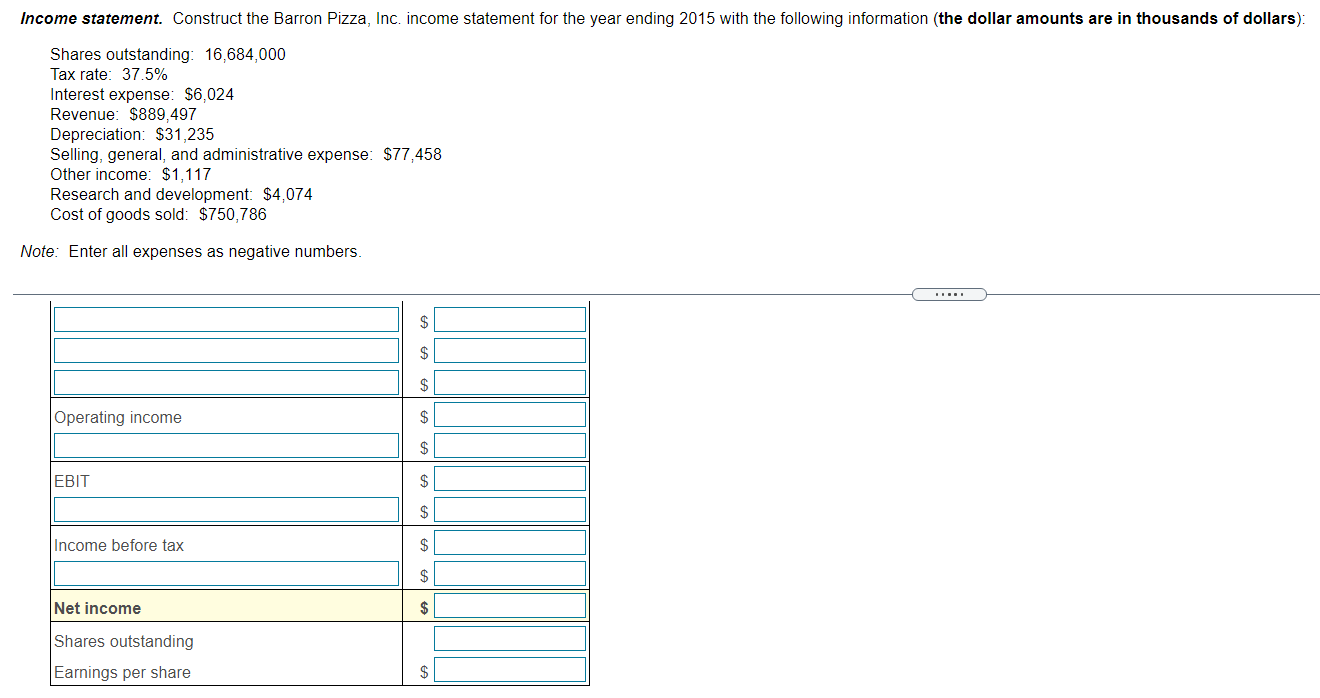 Solved Income statement. Construct the Barron Pizza, Inc. | Chegg.com