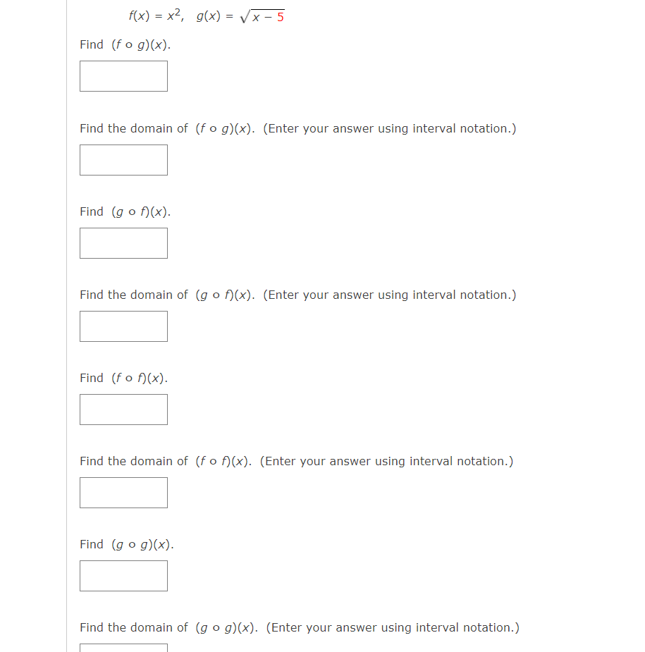 Solved Consider the following functions. 6 f(x) g(x) x + 5' | Chegg.com