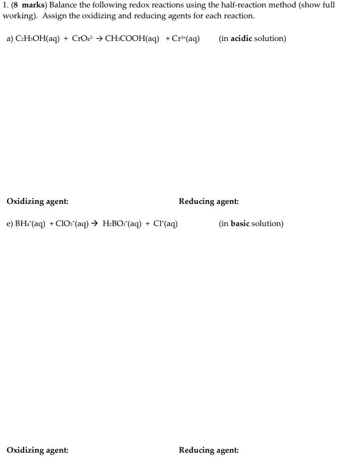 Solved 1. (8 marks) Balance the following redox reactions | Chegg.com