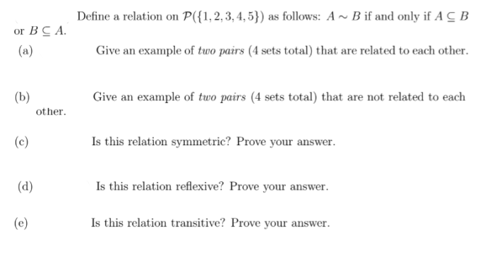 Solved Define a relation on P({1,2,3,4,5}) as follows: A∼B | Chegg.com