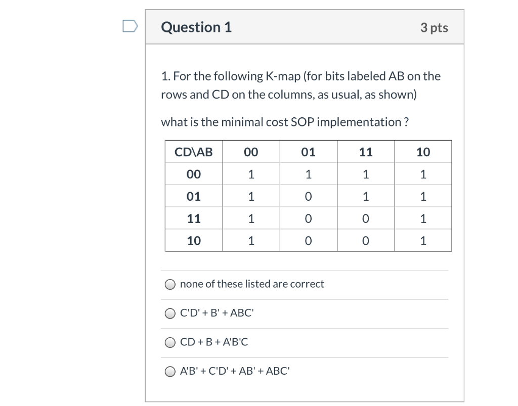 Solved Question 1 3 pts 1. For the following K-map (for bits | Chegg.com