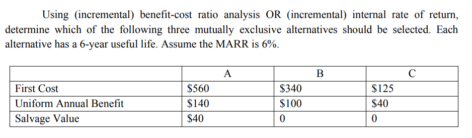 Solved Using (incremental) benefit-cost ratio analysis OR | Chegg.com