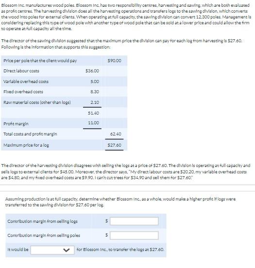 Solved Blossom inc. manufactures wood poles. Blossom inc has | Chegg.com