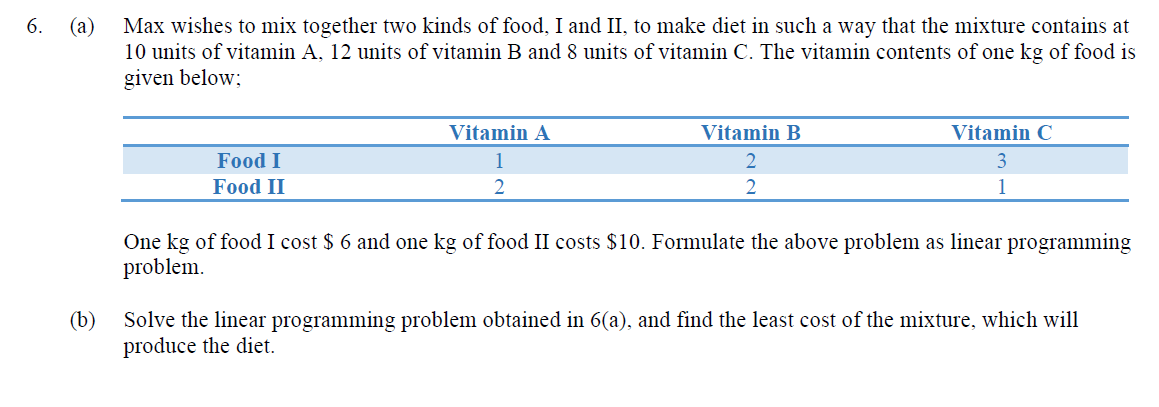 Solved 6. (a) Max wishes to mix together two kinds of food, | Chegg.com
