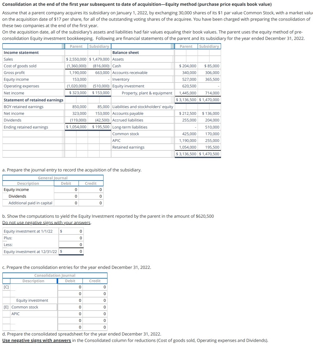 Solved Consolidation at the end of the first year subsequent | Chegg.com