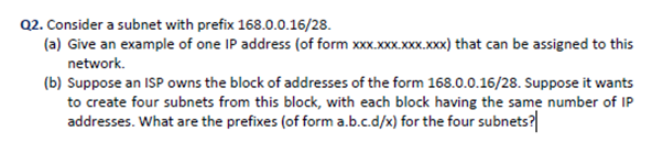 Solved Q2. Consider a subnet with prefix 168.0.0.16/28. (a) | Chegg.com