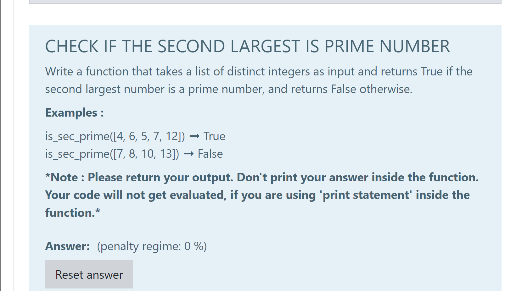 Solved CHECK IF THE SECOND LARGEST IS PRIME NUMBER Write a | Chegg.com