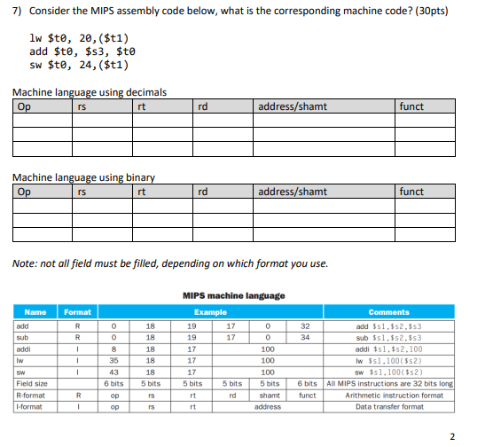 Solved 7) Consider the MIPS assembly code below, what is the | Chegg.com