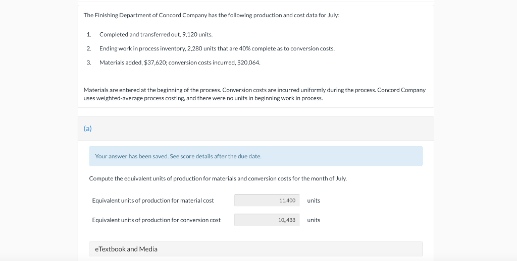 Solved The Finishing Department of Concord Company has the | Chegg.com