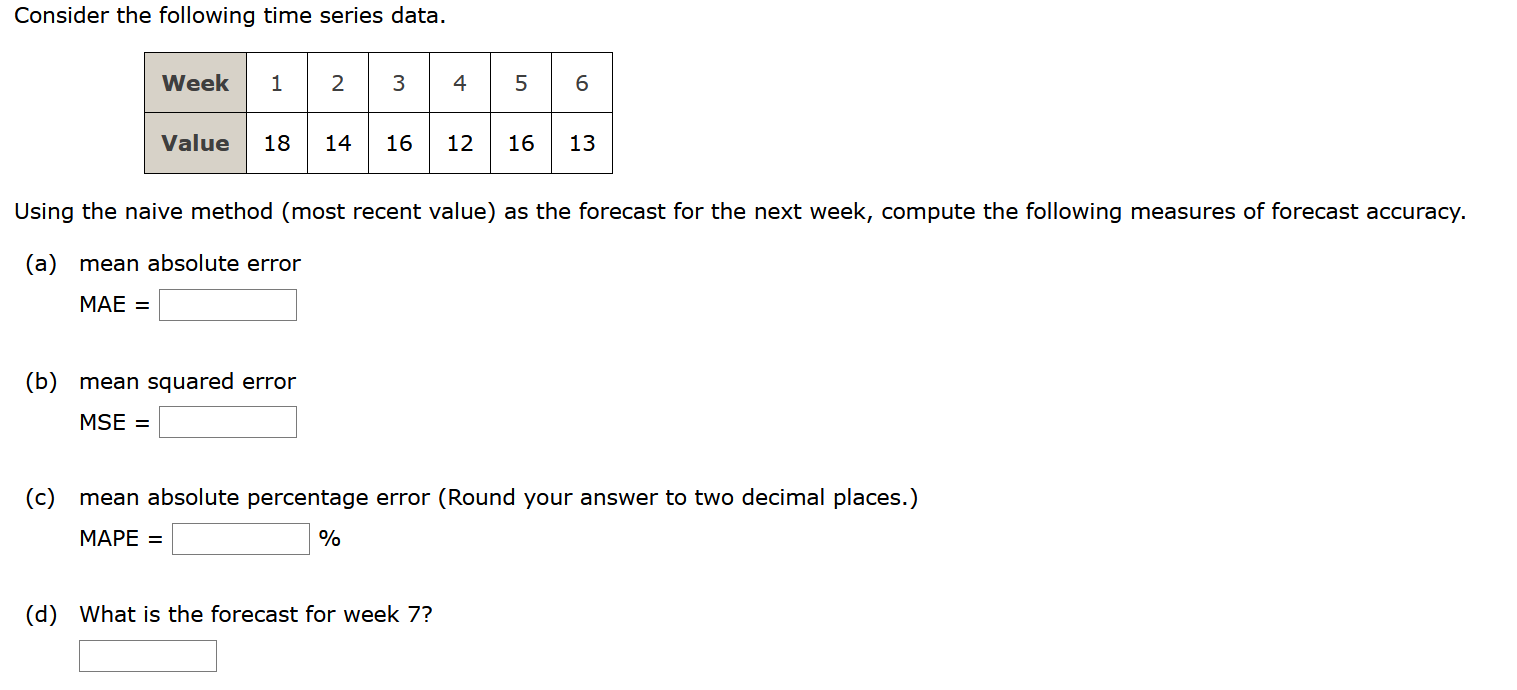 Solved Consider the following time series data. Week 1 2 3 4 | Chegg.com