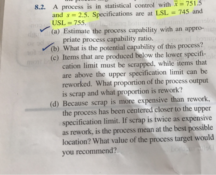 Solved A process is in statistical control with x doublebar | Chegg.com