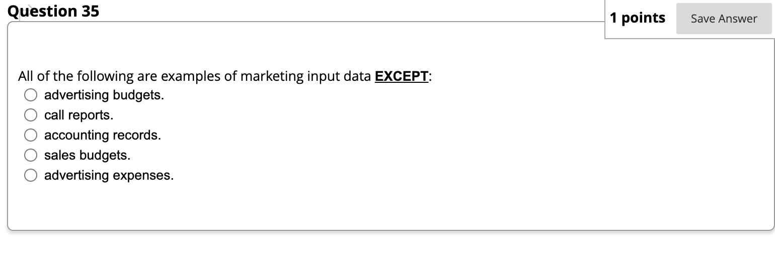 Solved All of the following are examples of marketing input | Chegg.com