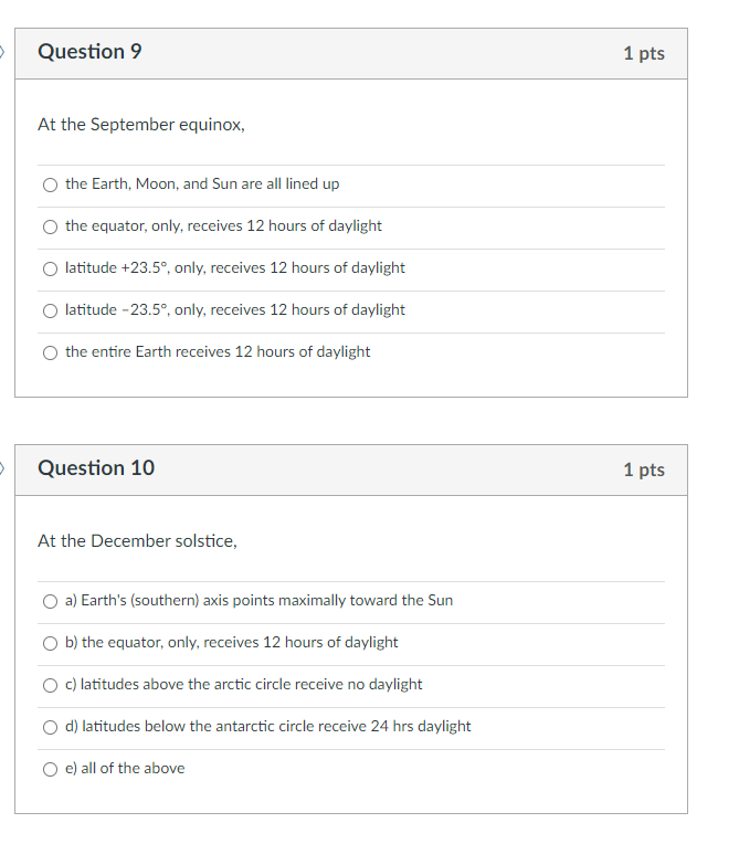 Solved Question 9 1 pts At the September equinox, the Earth, | Chegg.com