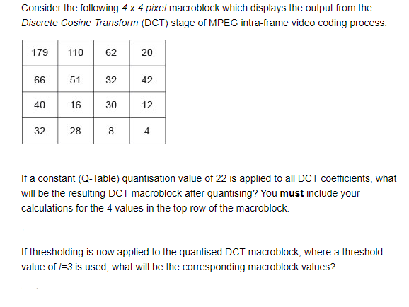 Consider the following 4 x 4 pixel macroblock which | Chegg.com