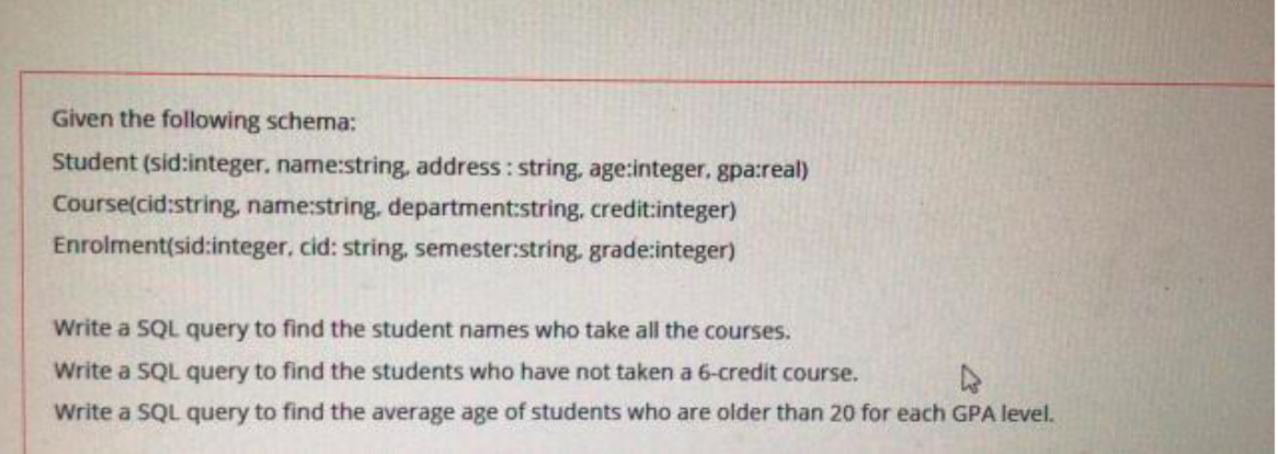 Solved Given the following schema: Student (sid:integer, | Chegg.com
