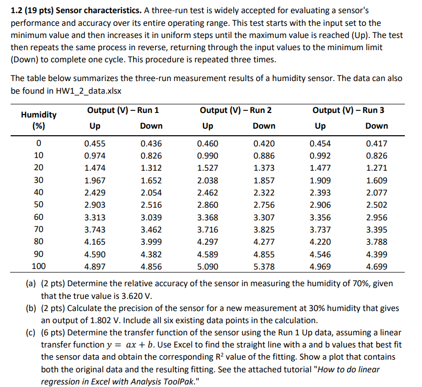 Solved 1.2 (19 pts) Sensor characteristics. A three-run test | Chegg.com
