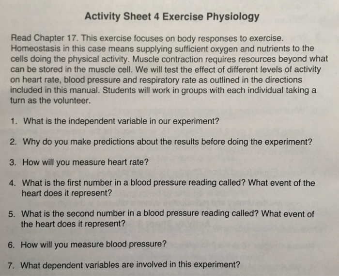 Activity Sheet 4 Exercise Physiology Read Chapter 17. | Chegg.com