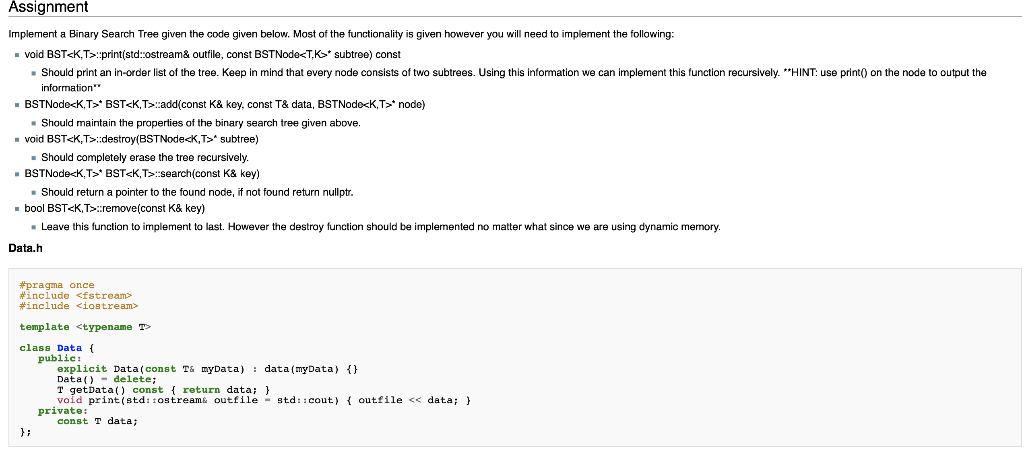 Solved Assignment Implement a Binary Search Tree given the | Chegg.com