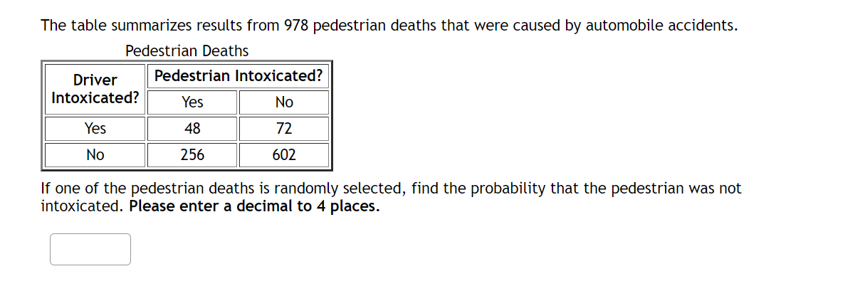 Solved The table summarizes results from 978 pedestrian | Chegg.com