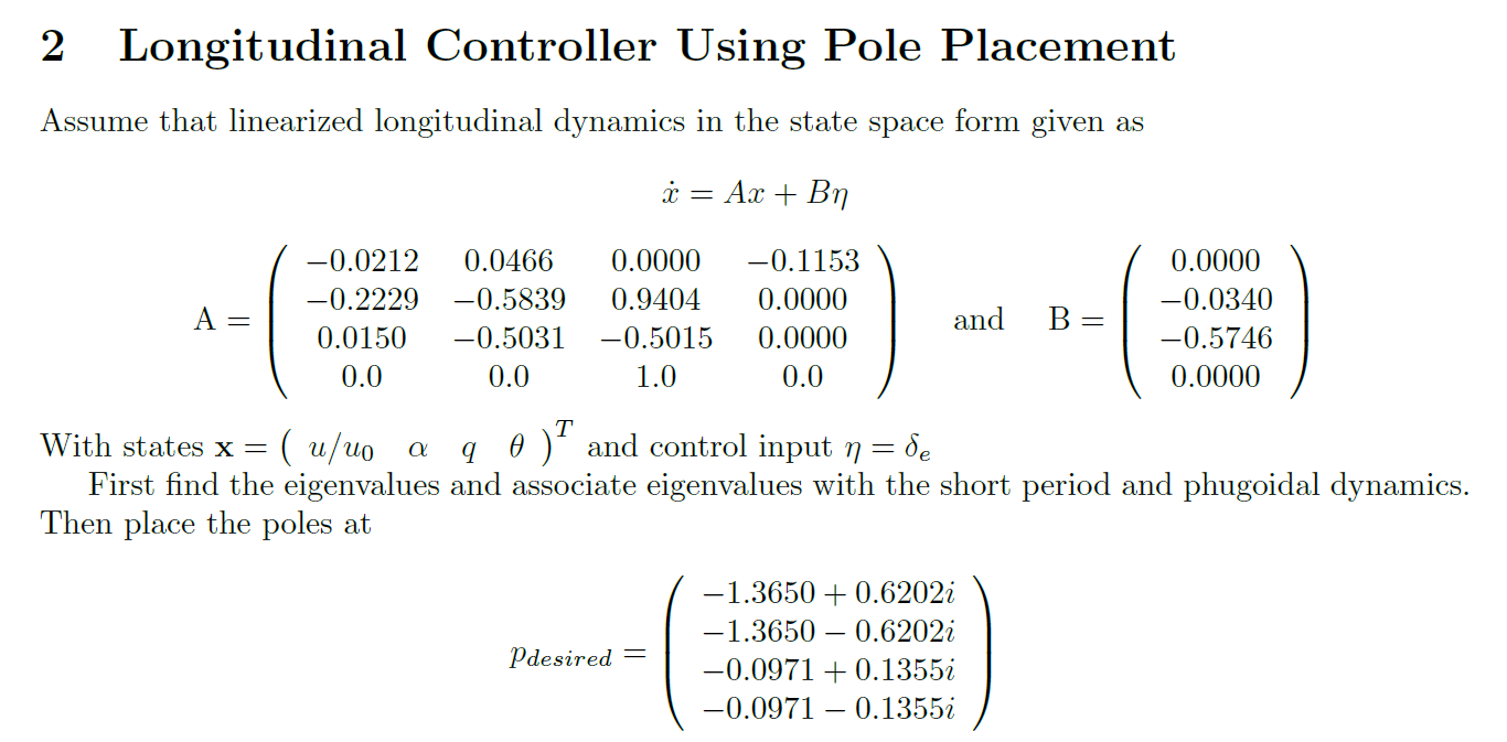 Solved 2 Longitudinal Controller Using Pole Placement Assume | Chegg.com