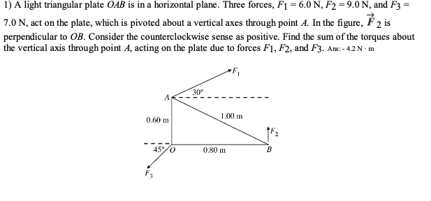Solved 1) A light triangular plate OAB is in a horizontal | Chegg.com