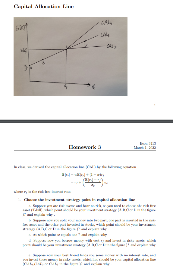 Capital Allocation Line CAL Elri CALI D CALZ EL) sh & | Chegg.com