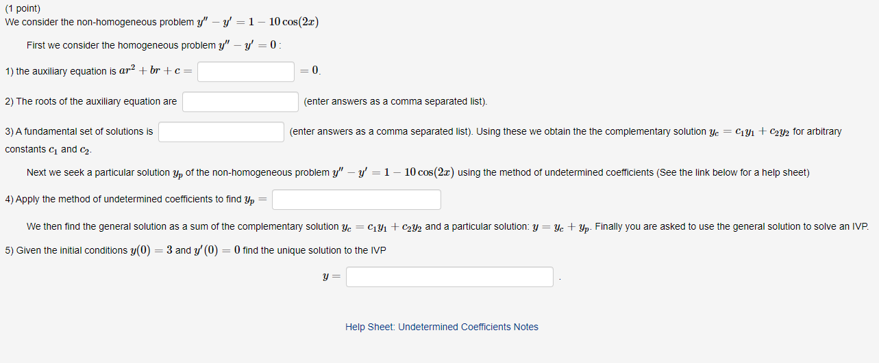 Solved (1 point) We consider the non-homogeneous problem y" | Chegg.com