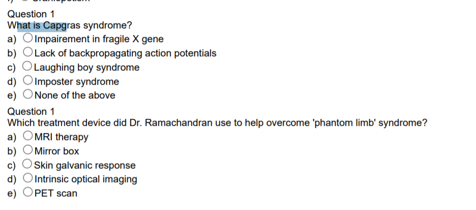 Solved Question 1 What is Capgras syndrome? a) O Impairement | Chegg.com