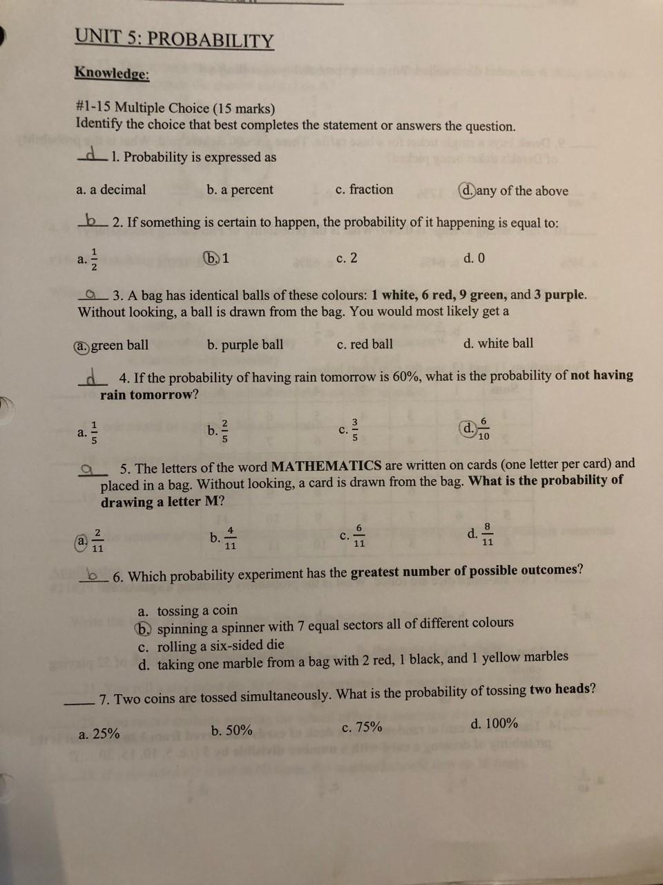 Solved UNIT 5: PROBABILITY Knowledge: #1-15 Multiple Choice | Chegg.com