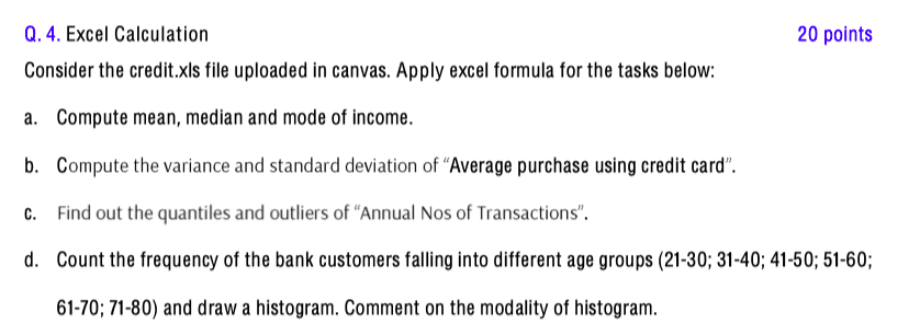 20 points Q. 4. Excel Calculation Consider the | Chegg.com